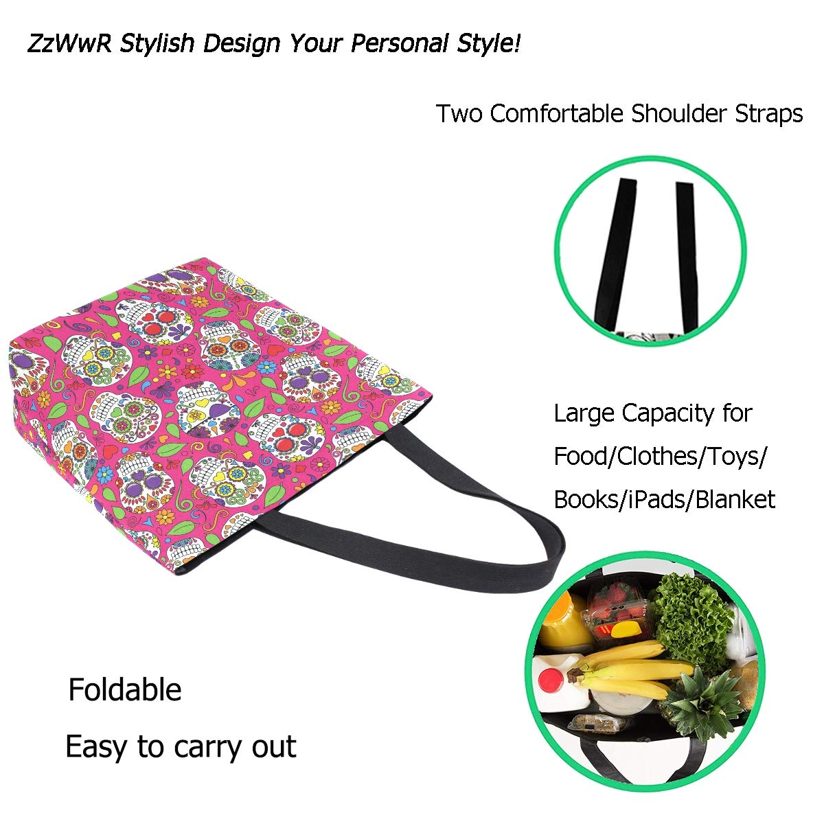 ZzWwR Chic Mexican Sugar Skull Floral Pattern Extra Large Canvas Beach Travel Reusable Grocery Shopping Tote Bag Portable Storage HandBag