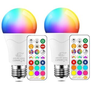 ilc led light bulb 85w equivalent, color changing light bulbs 2700k warm white, remote control rgb 6 modes, timing, sync, dimmable e26 screw base (2 pack)