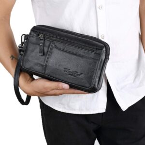 KPYWZER Leather Clutch Purse Wallet Men Wristlet Holder Wrist Bag Pack Business Handbag Black