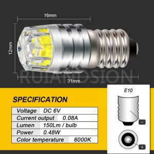 Ruiandsion 2pcs E10 Base LED Upgrade Bulb White 6V COB 2W Replacement for Flashlights Torch Lights