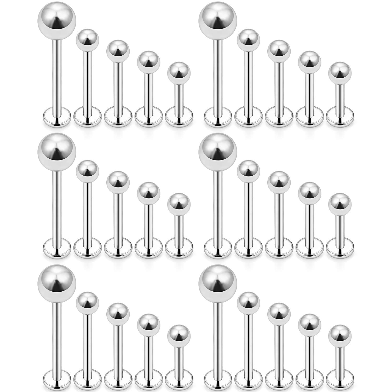 Dyknasz 30PCS 16G Surgical Steel Labret Studs Monroe Lip Rings Cartilage Tragus Nail Conch Helix Earring Barbell for Women Men Piercing Jewelry 6mm 8mm 10mm 12mm Silvertone