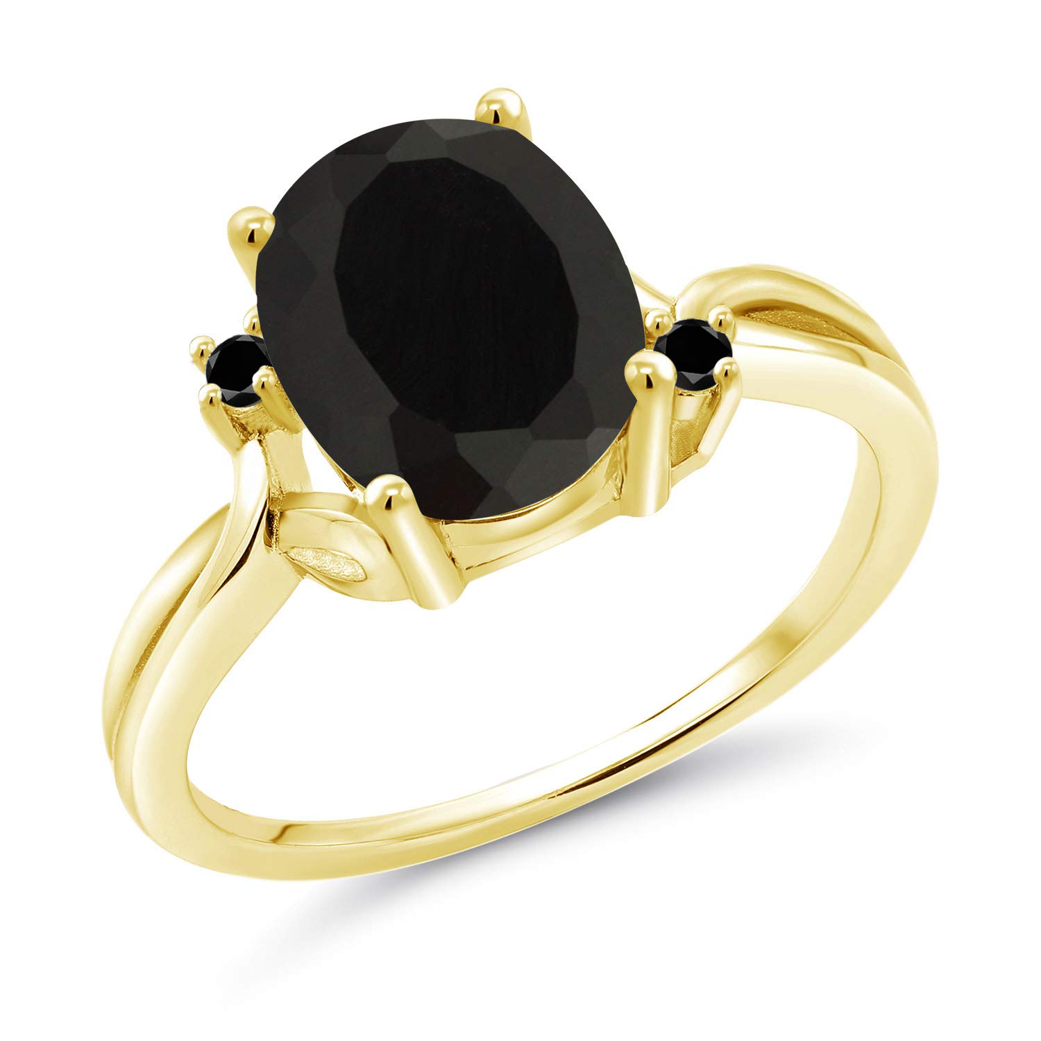 Gem Stone King 18K Yellow Gold Plated Silver Black Onyx and Black Diamond 3 Stone Ring For Women (2.53 Cttw, Oval 10X8MM, Gemstone December Birthstone, Available In Size 5, 6, 7, 8, 9)