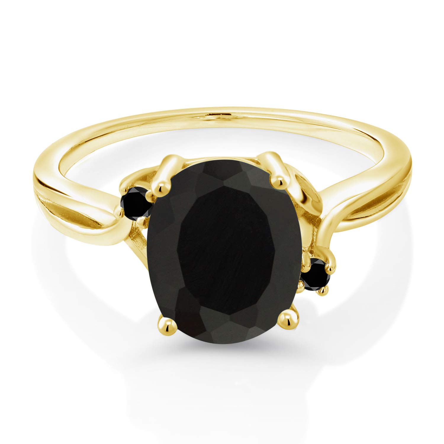 Gem Stone King 18K Yellow Gold Plated Silver Black Onyx and Black Diamond 3 Stone Ring For Women (2.53 Cttw, Oval 10X8MM, Gemstone December Birthstone, Available In Size 5, 6, 7, 8, 9)