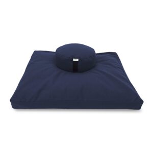 meditation cushion set - zafu and zabuton - made in the usa. our navy cotton round-shaped meditation pillow is filled for comfort and designed with a zipper cover for easy cleaning.