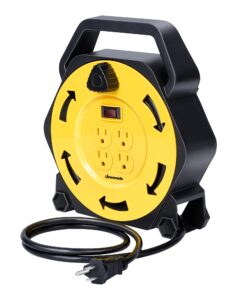 dewenwils extension cord reel with 25 ft power cord, hand wind retractable, 16/3 awg sjtw, 4 grounded outlets, 13 amp circuit breaker, yellow, black, ul listed