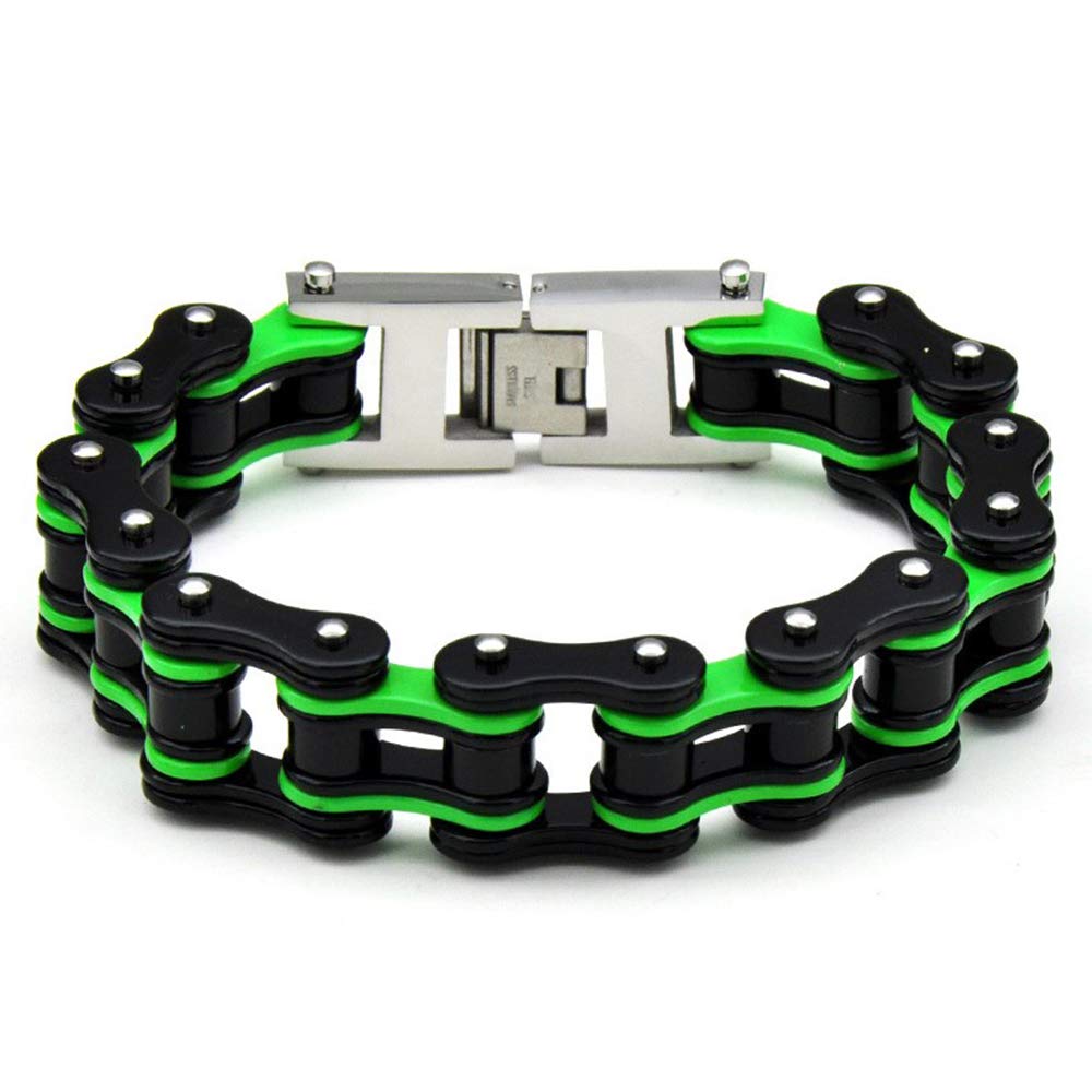 Qiaonitu Stainless Steel Mens Women Bike Bracelet Motorcycle Biker Chain WideHeavy Bangle Man Jewelry Two-tone Polished (Black-Green, 22.00)