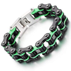 Qiaonitu Stainless Steel Mens Women Bike Bracelet Motorcycle Biker Chain WideHeavy Bangle Man Jewelry Two-tone Polished (Black-Green, 22.00)