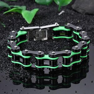 Qiaonitu Stainless Steel Mens Women Bike Bracelet Motorcycle Biker Chain WideHeavy Bangle Man Jewelry Two-tone Polished (Black-Green, 22.00)