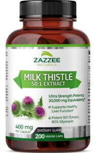 zazzee organic milk thistle 50:1 extract, 20,000 mg strength, 200 vegan capsules, 80% silymarin flavonoids, over 6 month supply, standardized and concentrated 50x extract, all-natural and non-gmo