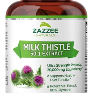 Zazzee Organic Milk Thistle 50:1 Extract, 20,000 mg Strength, 200 Vegan Capsules, 80% Silymarin Flavonoids, Over 6 Month Supply, Standardized and Concentrated 50X Extract, All-Natural and Non-GMO