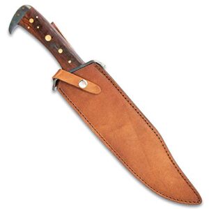 TIMBER RATTLER Gunslinger Bowie Knife and Leather Belt Sheath - 1095 Fire Kissed Carbon Steel Blade, Rockwell Hardness 55-58, Steel Guard, Hardwood Handle, For Bushcraft Chopping Jobs - Length 16 1/2”