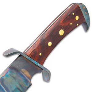 TIMBER RATTLER Gunslinger Bowie Knife and Leather Belt Sheath - 1095 Fire Kissed Carbon Steel Blade, Rockwell Hardness 55-58, Steel Guard, Hardwood Handle, For Bushcraft Chopping Jobs - Length 16 1/2”