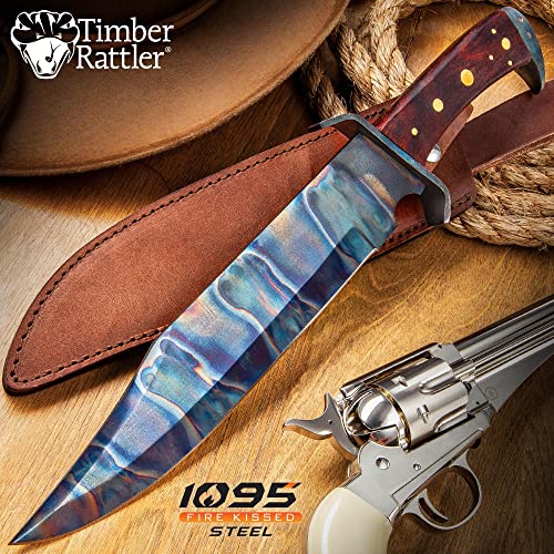 TIMBER RATTLER Gunslinger Bowie Knife and Leather Belt Sheath - 1095 Fire Kissed Carbon Steel Blade, Rockwell Hardness 55-58, Steel Guard, Hardwood Handle, For Bushcraft Chopping Jobs - Length 16 1/2”