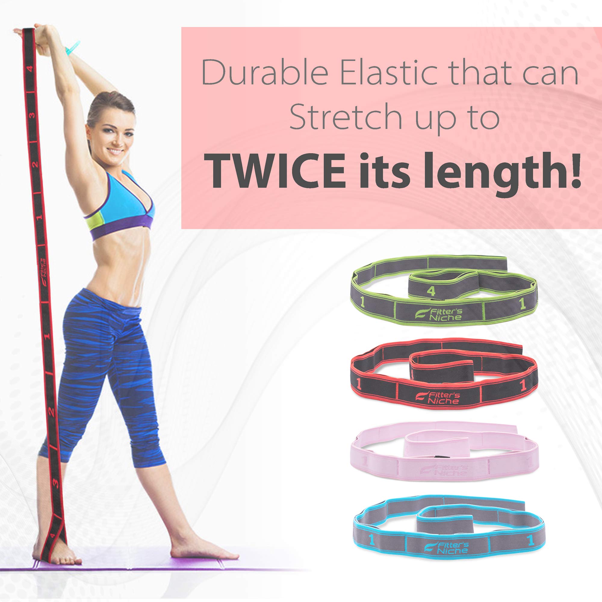 Fitter’s Niche Exercise Resistant Stretch Band, High Elastic Multi-Level Stretching Strap, Ideal for Tone Muscles Physical Therapy Gym Recovery Dancing Flexibility Hamstring,Bonus Carry Bag and E-book