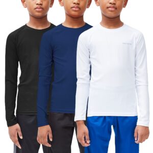 devops youth boys 3-pack compression athletic performance baselayer long sleeve shirts (medium, black/white/navy)