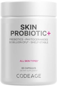 codeage skin probiotics + prebiotics - skin care routine supplement - 50 billion cfu - ayurvedic botanical herbs - face probiotics - shelf stable cleanser, non-gmo, vegan - 60 capsules