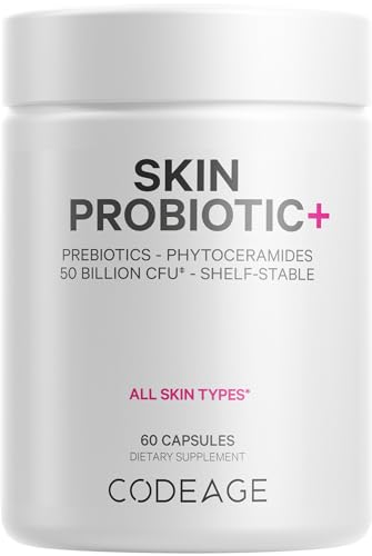 Codeage Skin Probiotics + Prebiotics - Skin Care Routine Supplement - 50 Billion CFU - Ayurvedic Botanical Herbs - Face Probiotics - Shelf Stable Cleanser, Non-GMO, Vegan - 60 Capsules