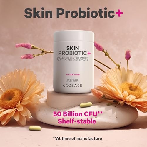 Codeage Skin Probiotics + Prebiotics - Skin Care Routine Supplement - 50 Billion CFU - Ayurvedic Botanical Herbs - Face Probiotics - Shelf Stable Cleanser, Non-GMO, Vegan - 60 Capsules