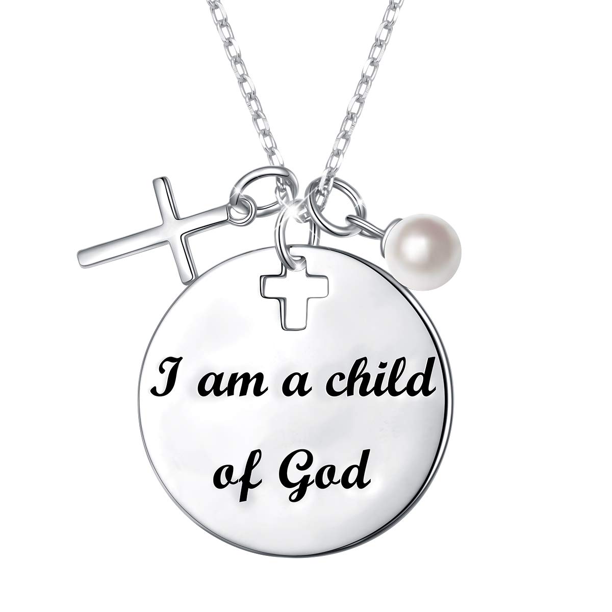 DAOCHONG Easter Gift Religious Jewelry 925 Sterling Silver I Am a Child of God Laser Engraved Round Plate Pendant Necklace with Cross Charm, 18 + 2 inches