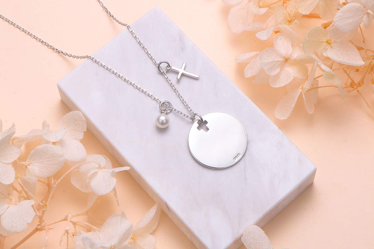 DAOCHONG Easter Gift Religious Jewelry 925 Sterling Silver I Am a Child of God Laser Engraved Round Plate Pendant Necklace with Cross Charm, 18 + 2 inches