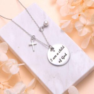 DAOCHONG Easter Gift Religious Jewelry 925 Sterling Silver I Am a Child of God Laser Engraved Round Plate Pendant Necklace with Cross Charm, 18 + 2 inches