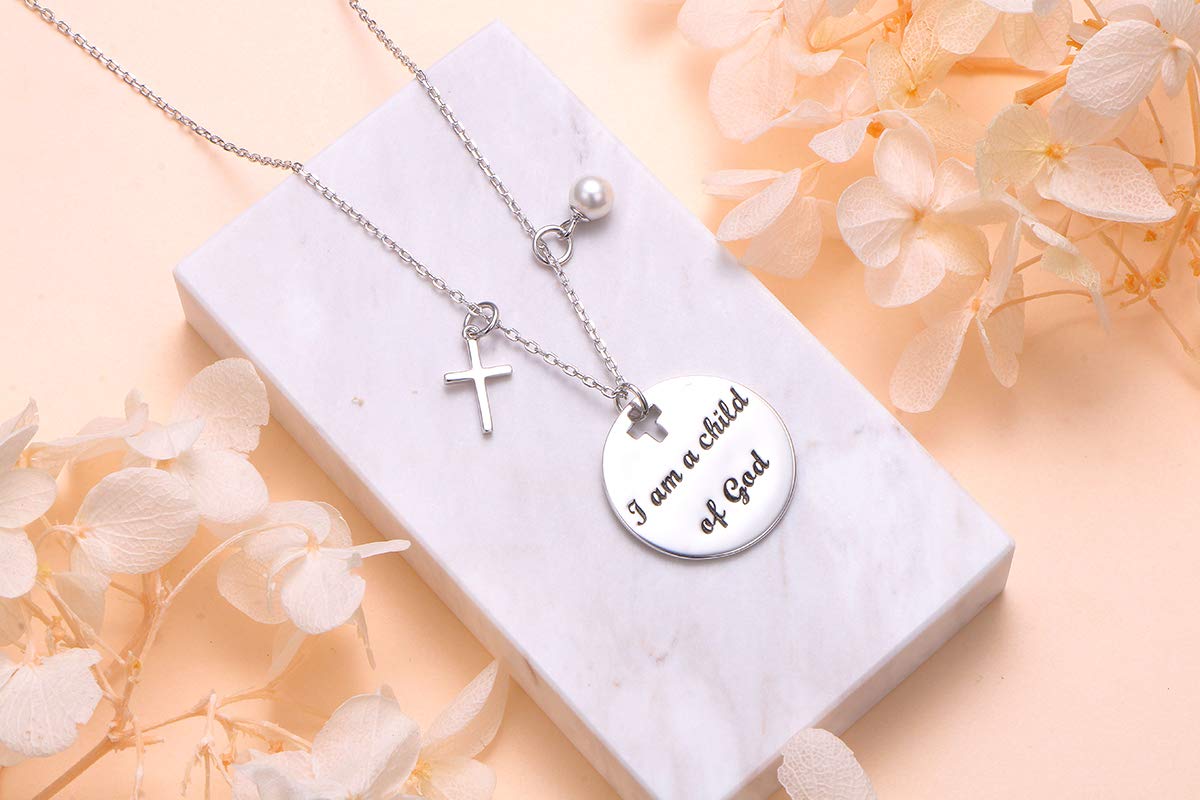 DAOCHONG Easter Gift Religious Jewelry 925 Sterling Silver I Am a Child of God Laser Engraved Round Plate Pendant Necklace with Cross Charm, 18 + 2 inches