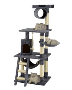 go pet club 62" classic cat tree kitty tower kitten condo scratcher for indoor cats with sisal posts, condo, ladder, soft perch, hammock, basket bed, and tunnel cat activity center furniture, gray