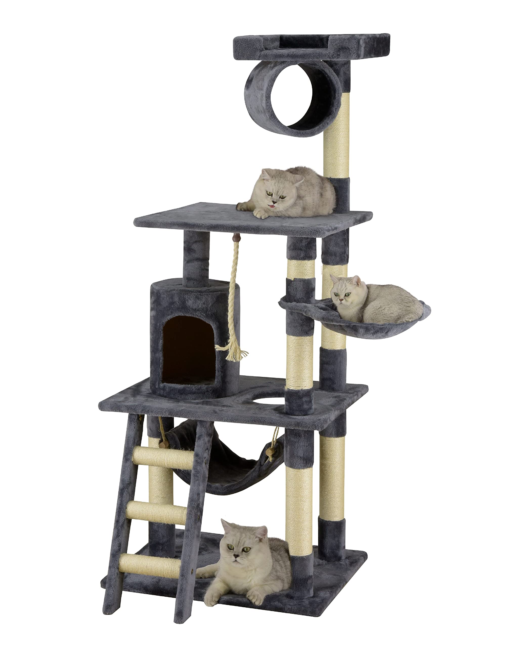 Go Pet Club 62" Classic Cat Tree Kitty Tower Kitten Condo Scratcher for Indoor Cats with Sisal Posts, Condo, Ladder, Soft Perch, Hammock, Basket Bed, and Tunnel Cat Activity Center Furniture, Gray