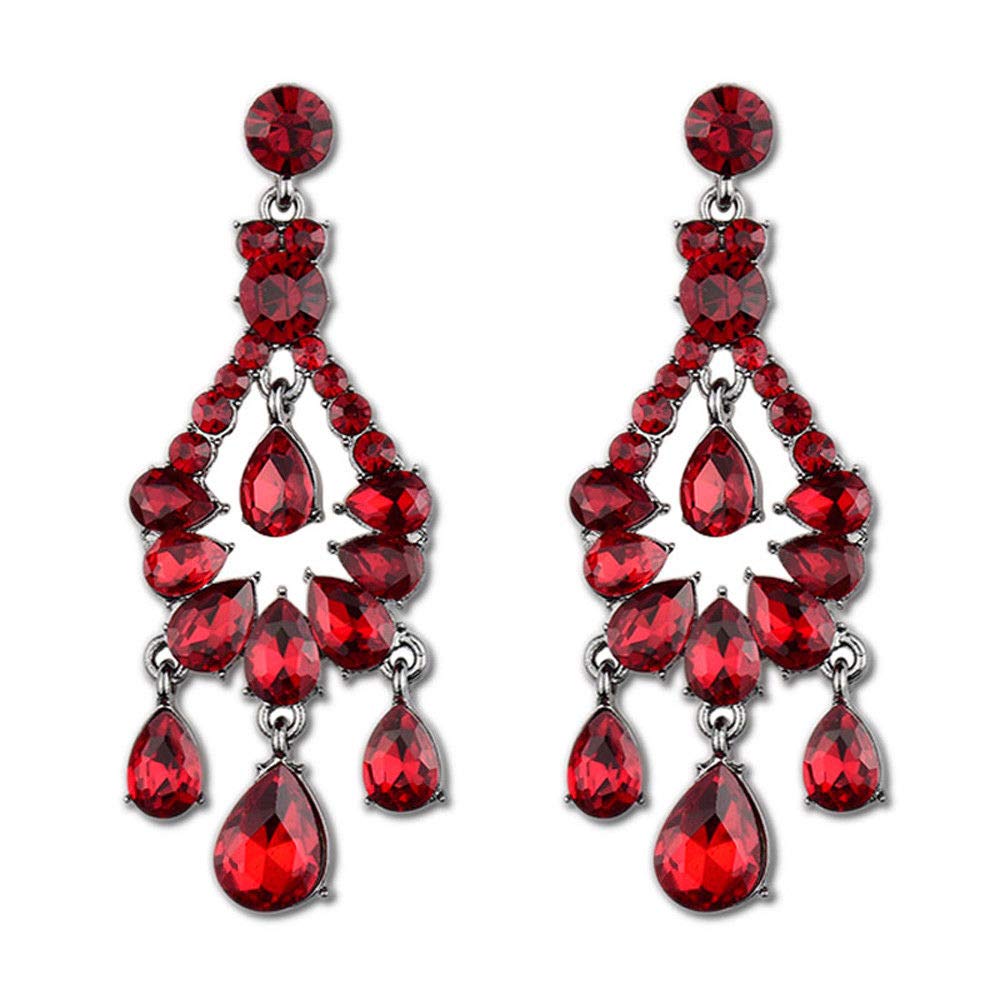 Long Art Deco Vintage Antique Retro Style Scarlet Garnet Ruby Red Rhinestone Bridal Wedding Prom Pageant Statement Chandelier Earrings