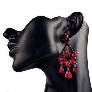 Long Art Deco Vintage Antique Retro Style Scarlet Garnet Ruby Red Rhinestone Bridal Wedding Prom Pageant Statement Chandelier Earrings