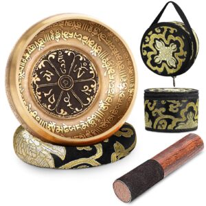 shanshui 5'' tibetan singing bowl set, nepal antique bronze mantra carving hand hammered, sound for yoga chakras healing meditation zen with leather striker surface mallet silk cushion gift - black