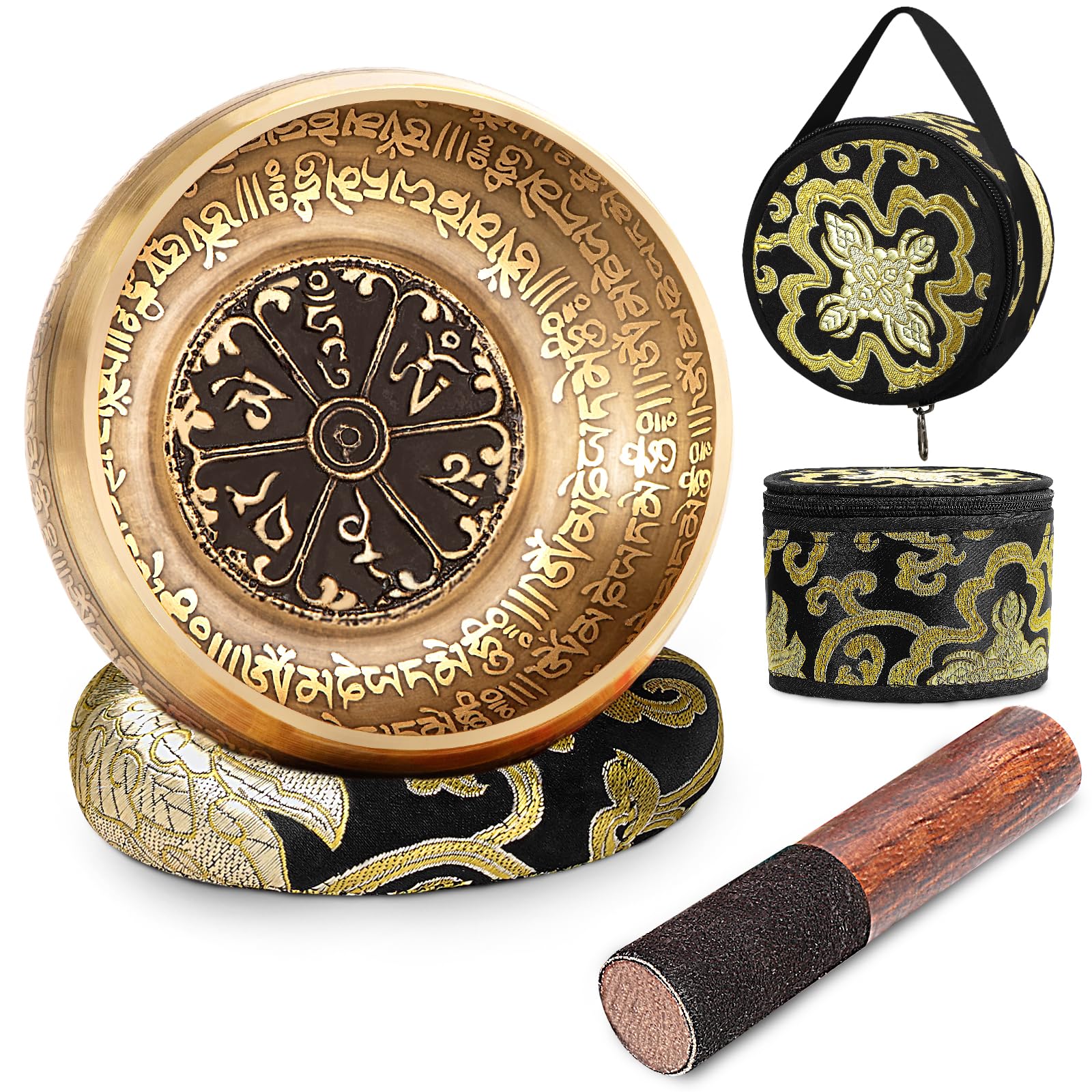 SHANSHUI 5'' Tibetan Singing Bowl Set, Nepal Antique Bronze Mantra Carving Hand Hammered, Sound For Yoga Chakras Healing Meditation Zen With Leather Striker Surface Mallet Silk Cushion Gift - Black