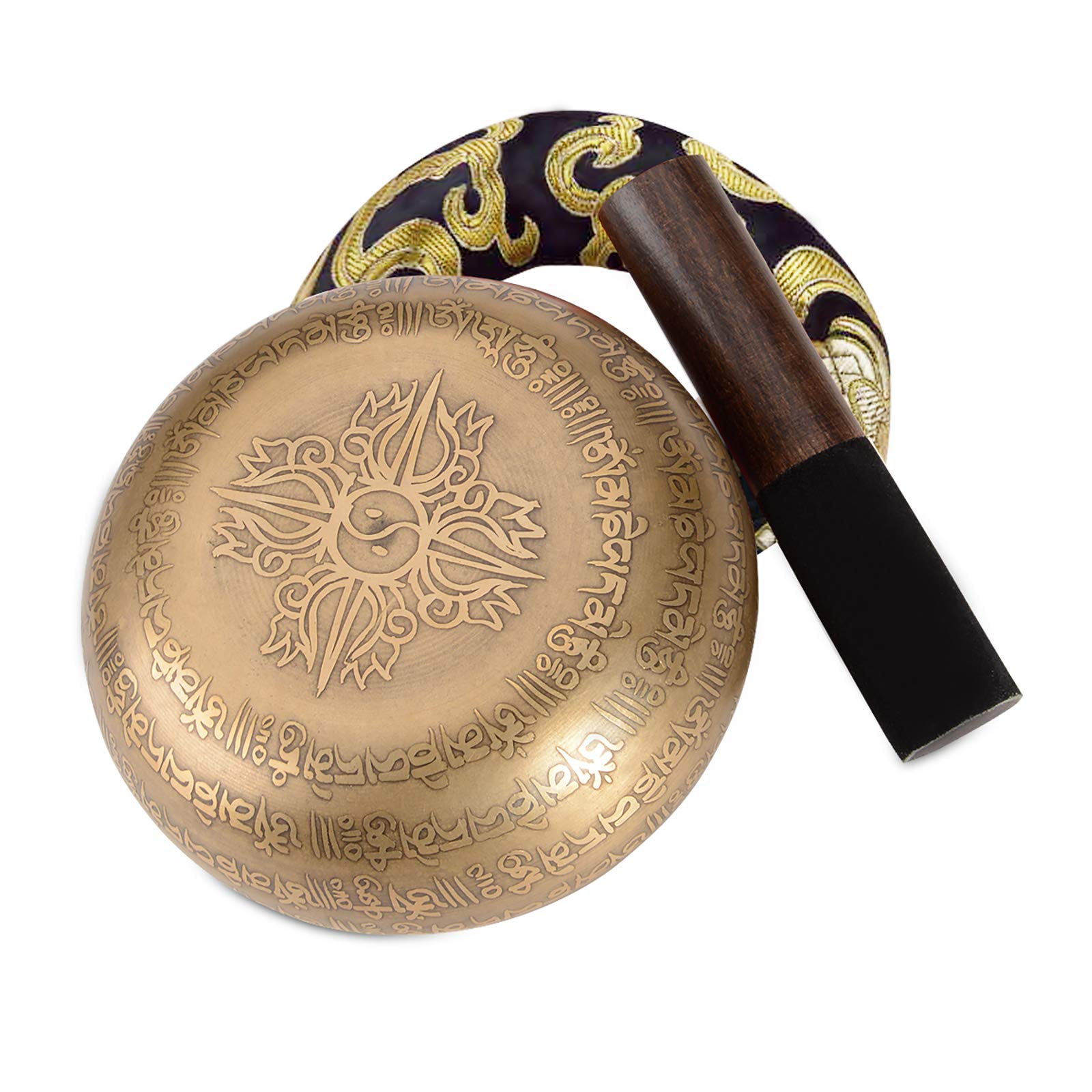 SHANSHUI 5'' Tibetan Singing Bowl Set, Nepal Antique Bronze Mantra Carving Hand Hammered, Sound For Yoga Chakras Healing Meditation Zen With Leather Striker Surface Mallet Silk Cushion Gift - Black