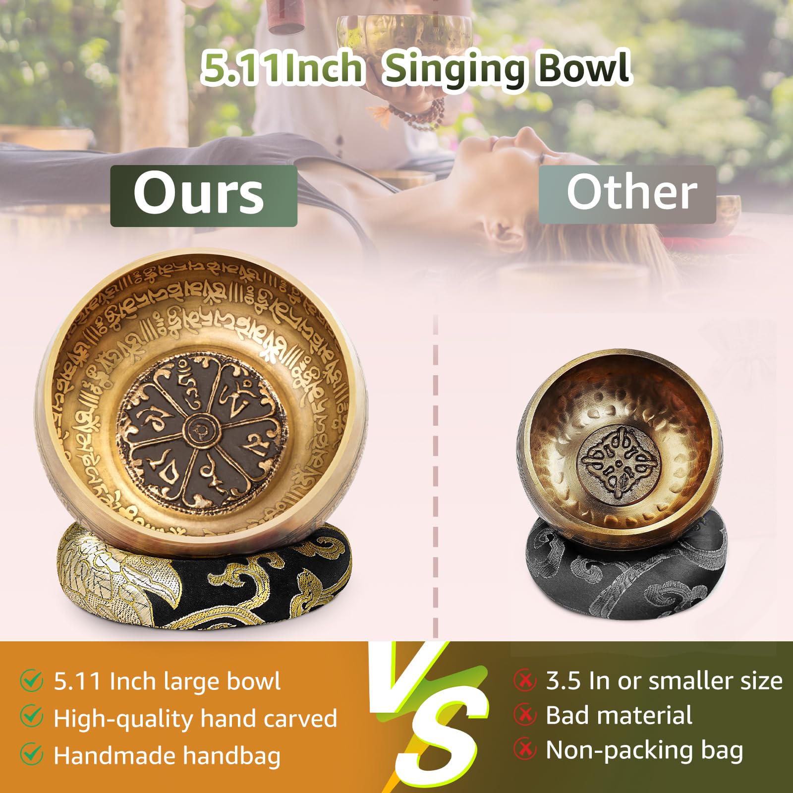 SHANSHUI 5'' Tibetan Singing Bowl Set, Nepal Antique Bronze Mantra Carving Hand Hammered, Sound For Yoga Chakras Healing Meditation Zen With Leather Striker Surface Mallet Silk Cushion Gift - Black