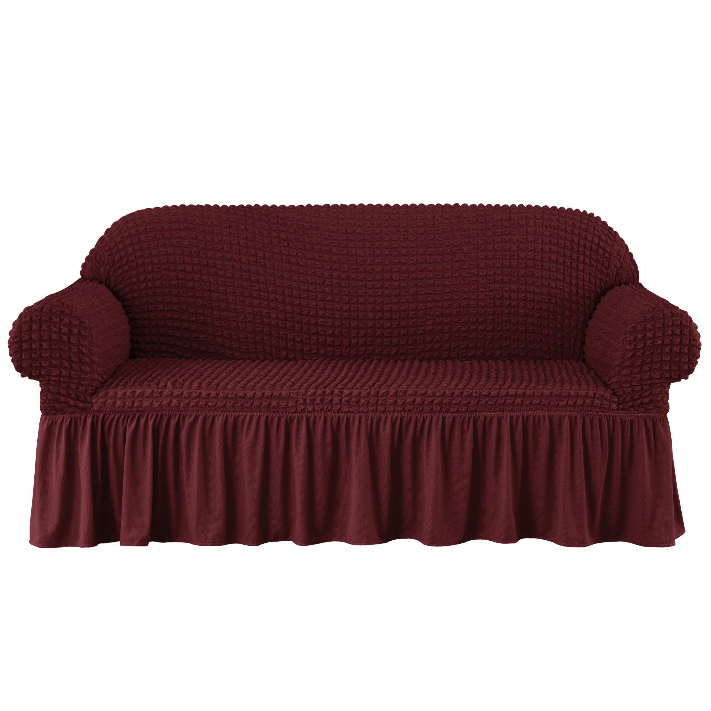 subrtex 1 Piece Seersucker Sofa Slipcover with Skirt Universal Stretch Sofa Couch Slipcover Easy Fitted Chair Furniture Protector(3 Seater,Wine), Large