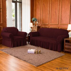 subrtex 1 Piece Seersucker Sofa Slipcover with Skirt Universal Stretch Sofa Couch Slipcover Easy Fitted Chair Furniture Protector(3 Seater,Wine), Large