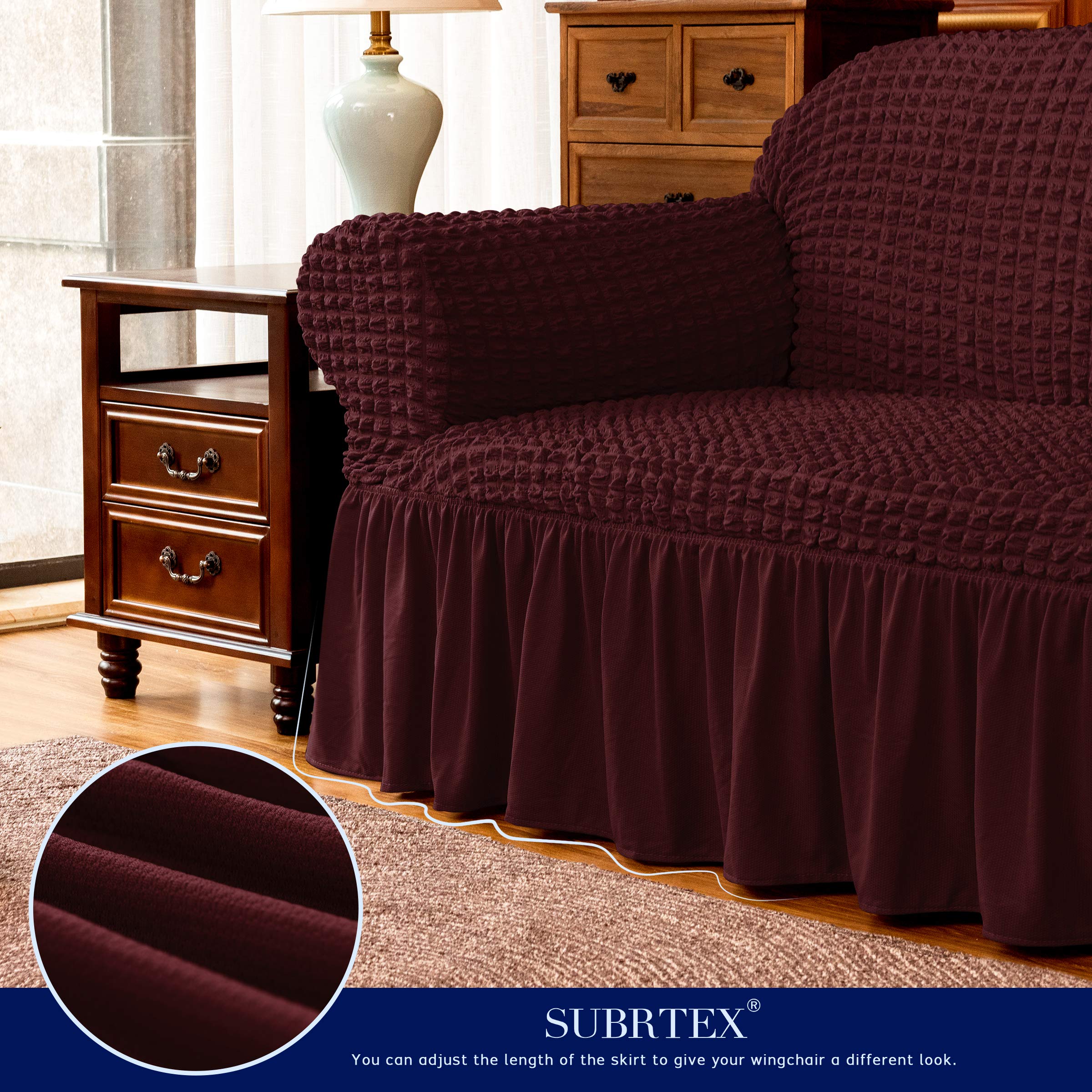 subrtex 1 Piece Seersucker Sofa Slipcover with Skirt Universal Stretch Sofa Couch Slipcover Easy Fitted Chair Furniture Protector(3 Seater,Wine), Large