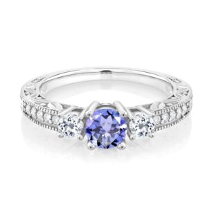 gem stone king 925 sterling silver blue tanzanite and white topaz engagement ring for women (0.87 cttw, round gemstone birthstone, available in size 5, 6, 7, 8, 9)