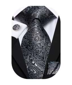 hi-tie men 63inches tie set extra long necktie paisley tie pocket suqare cufflinks big and tall men tie,black grey