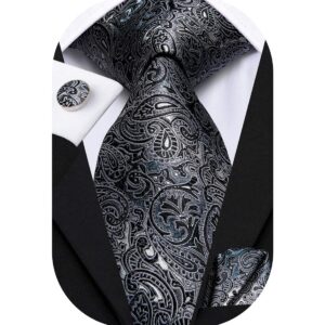 Hi-Tie Men 63inches Tie Set Extra Long Necktie Paisley Tie Pocket Suqare Cufflinks Big and Tall Men Tie,Black Grey