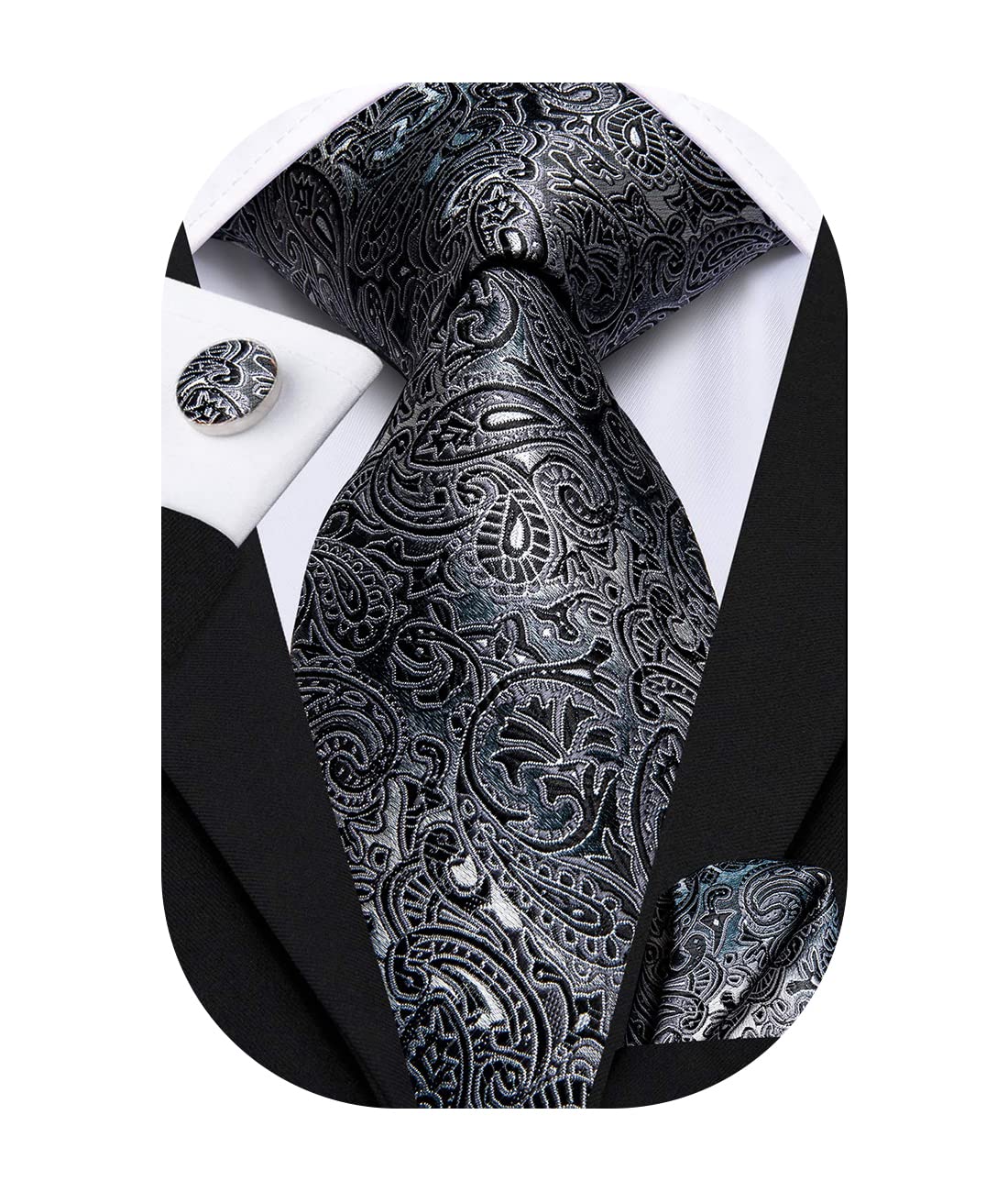 Hi-Tie Men 63inches Tie Set Extra Long Necktie Paisley Tie Pocket Suqare Cufflinks Big and Tall Men Tie,Black Grey