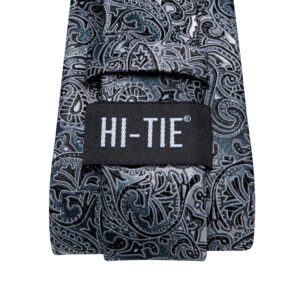 Hi-Tie Men 63inches Tie Set Extra Long Necktie Paisley Tie Pocket Suqare Cufflinks Big and Tall Men Tie,Black Grey