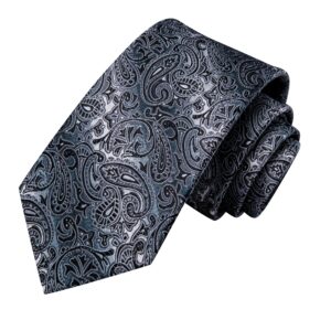 Hi-Tie Men 63inches Tie Set Extra Long Necktie Paisley Tie Pocket Suqare Cufflinks Big and Tall Men Tie,Black Grey