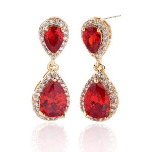 ruby gold earrings for women - 14k gold plated teardrop earrings sterling silver pear-shaped cz cubic zirconia crystal rhinestone drop earrings bridal jewelry for bride bridesmaids party prom dance