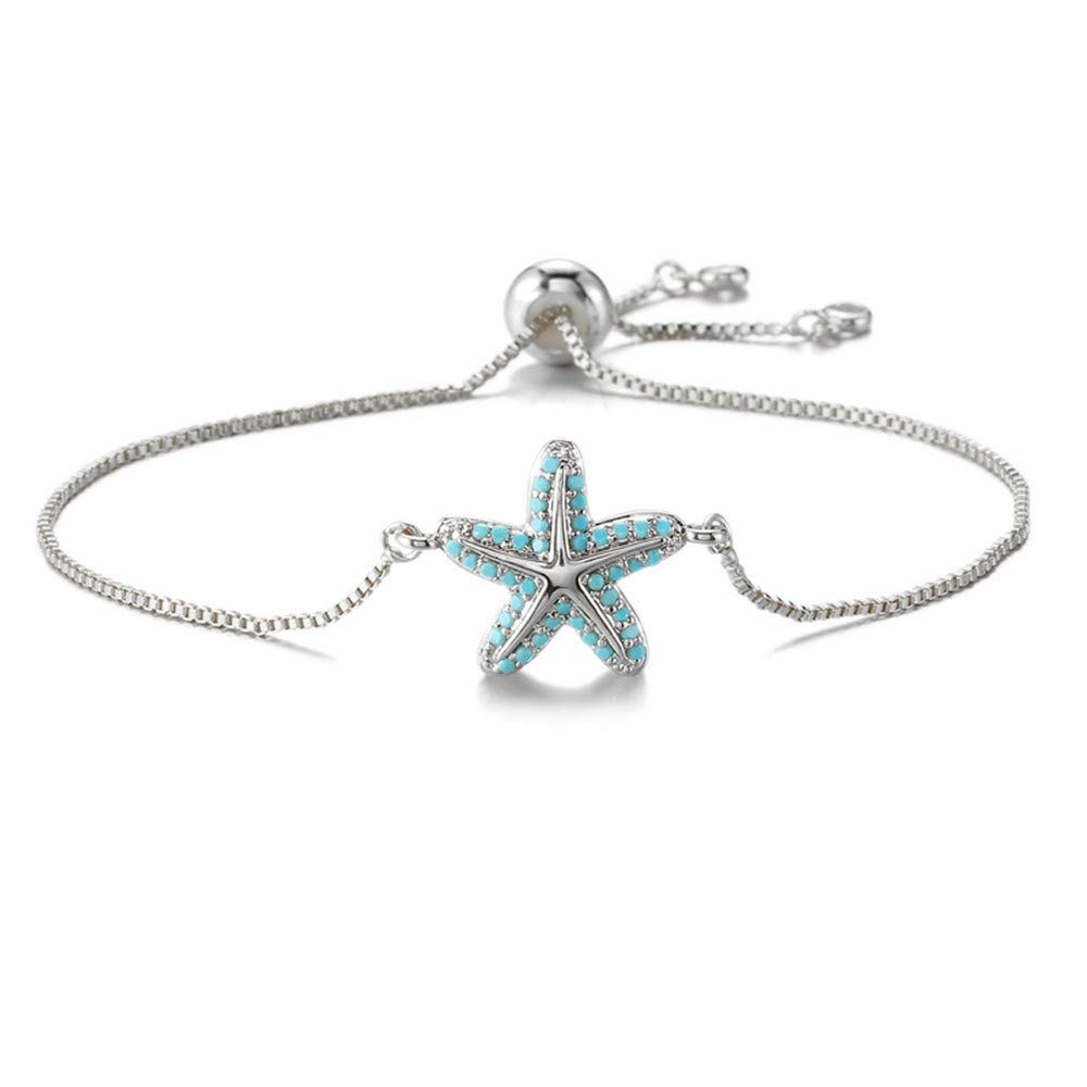 NEWBUY Trendy Starfish Charm Bracelets For Women Turquoise Pave Setting Bracelet Adjustable Length Female Party Jewelry Best Gift For Birthday (White Gold)