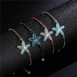 NEWBUY Trendy Starfish Charm Bracelets For Women Turquoise Pave Setting Bracelet Adjustable Length Female Party Jewelry Best Gift For Birthday (White Gold)