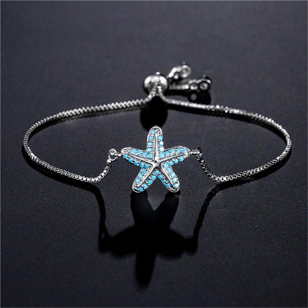 NEWBUY Trendy Starfish Charm Bracelets For Women Turquoise Pave Setting Bracelet Adjustable Length Female Party Jewelry Best Gift For Birthday (White Gold)