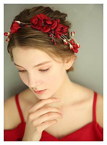 Chargances Wedding Bride Floral Red Headband Crystal Gold Hair Vine with Pearl Rhinestone Hair Accessory Boho Delicate Hair Piece Jewelry for Women and Girls