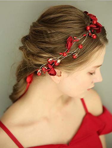 Chargances Wedding Bride Floral Red Headband Crystal Gold Hair Vine with Pearl Rhinestone Hair Accessory Boho Delicate Hair Piece Jewelry for Women and Girls