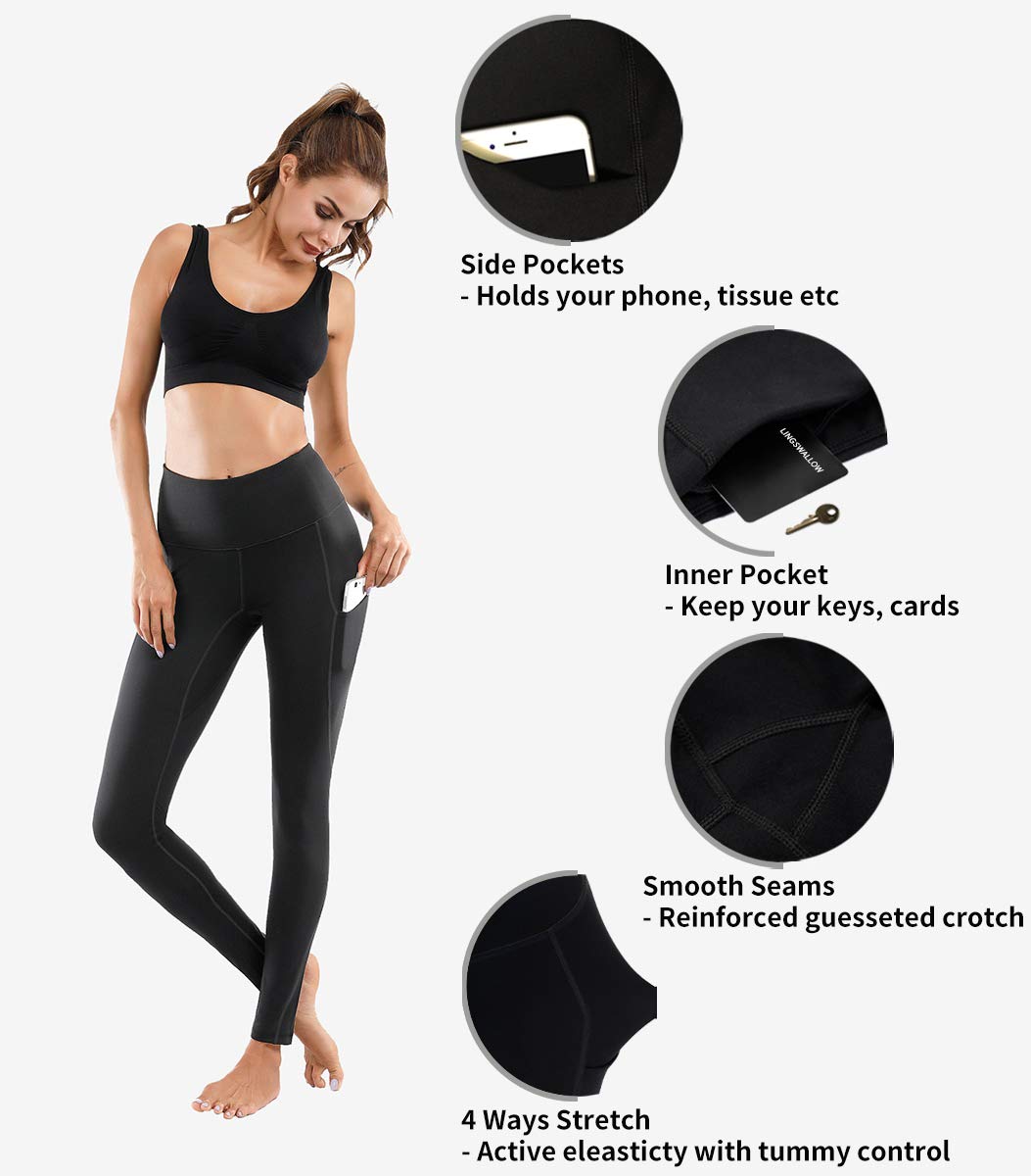 Lingswallow High Waist Yoga Pants - Yoga Pants with Pockets Tummy Control, 4 Ways Stretch Workout Running Yoga Leggings (Black, Large)